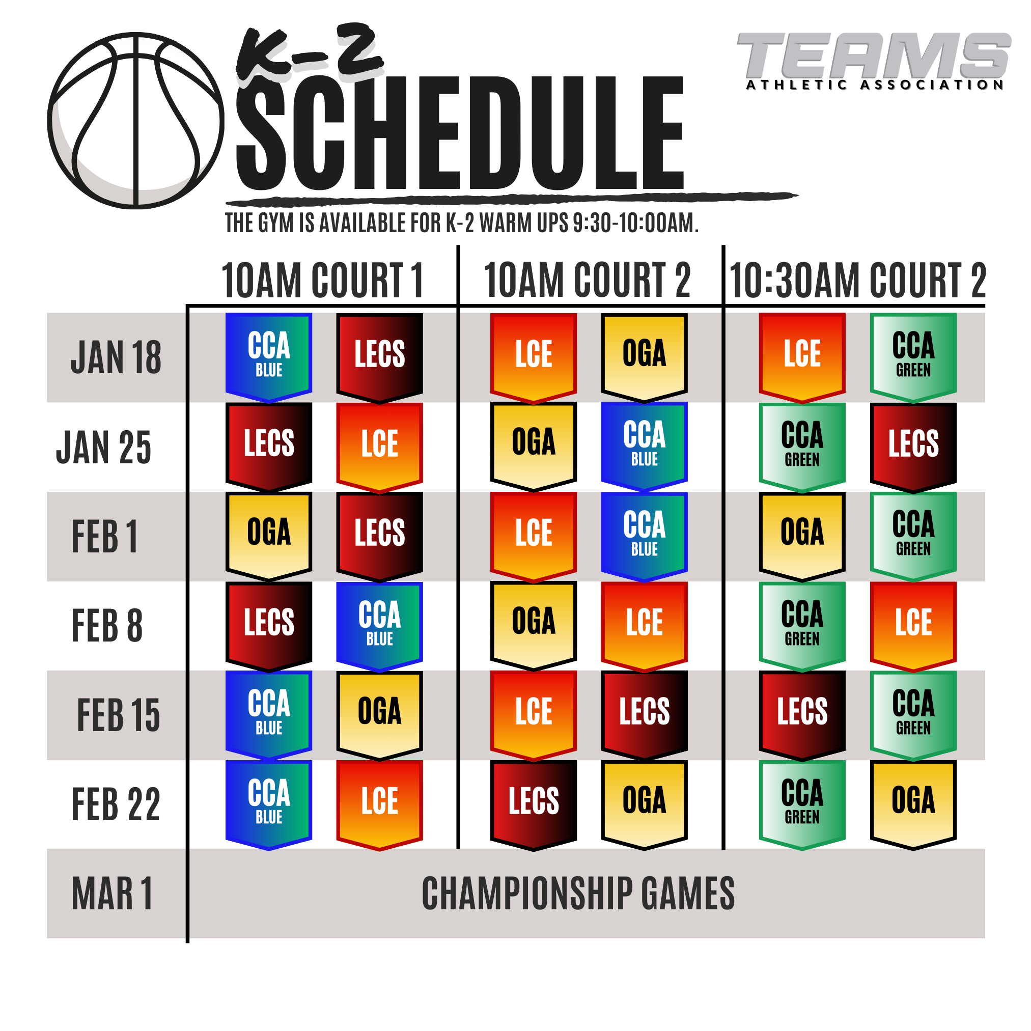 SCHEDULE – Teams AA