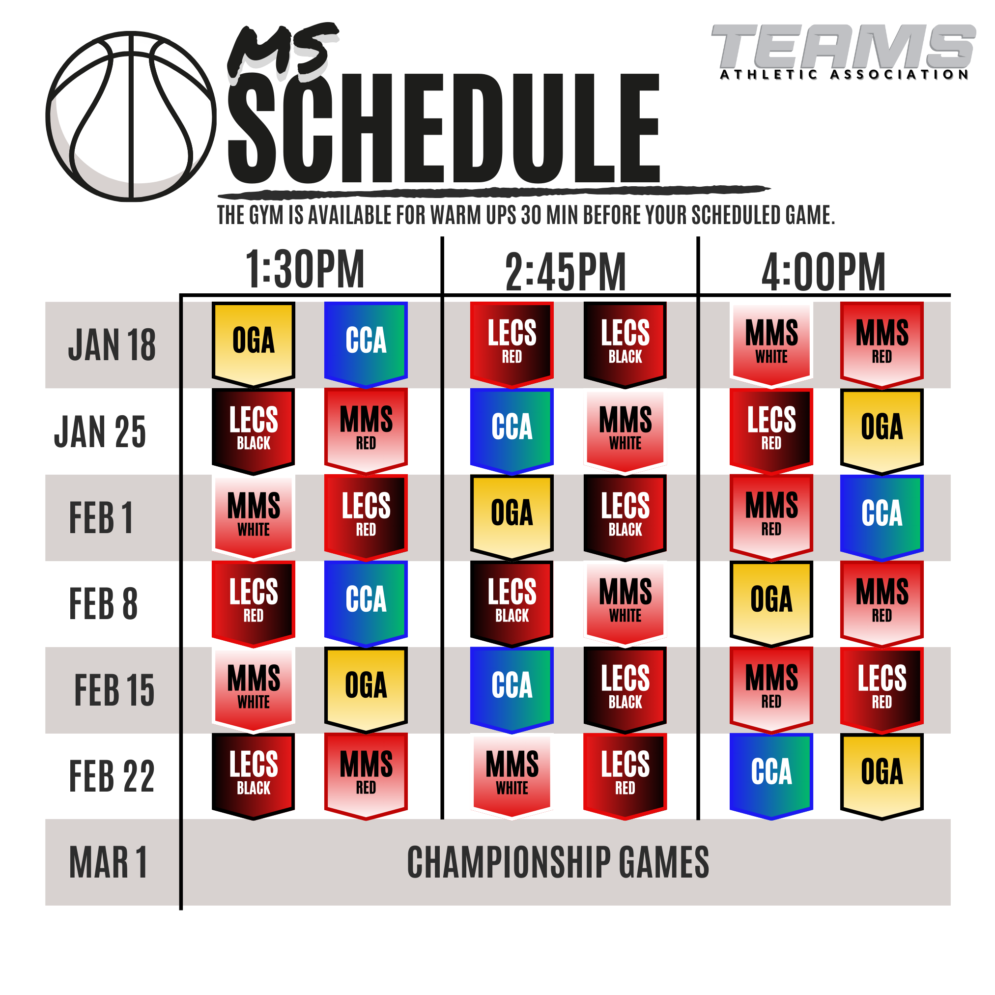 SCHEDULE – Teams AA